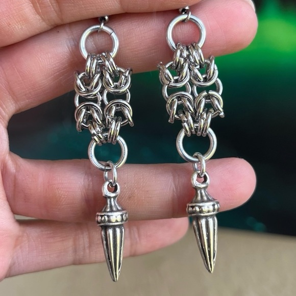 Silverskylight | Jewelry | Handmade Maille Silver Spike Dangly Stainless Steel Earrings Boho ...